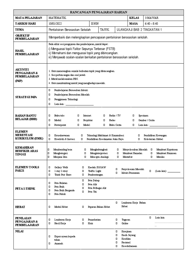 RPH T3 Minggu 1 10. 01.2022 | PDF