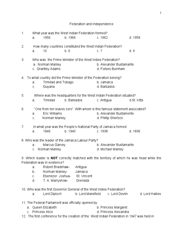 Federation and Independence Multiple Choice and Key | PDF | Caribbean ...
