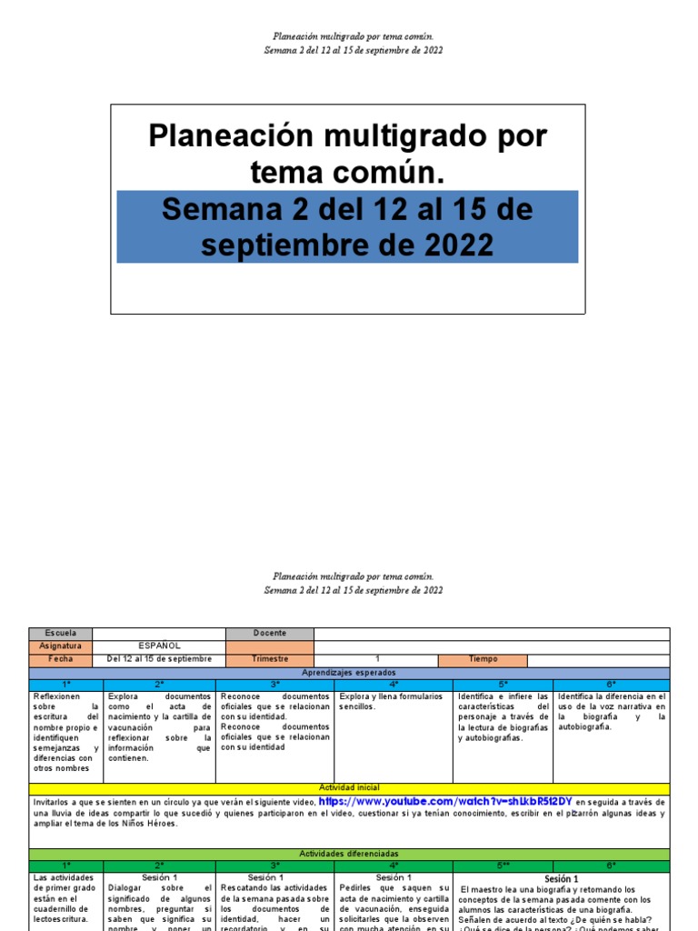 Planeacion Multigrado Tema Comun de 12 Al 16 de Septiembre | PDF ...