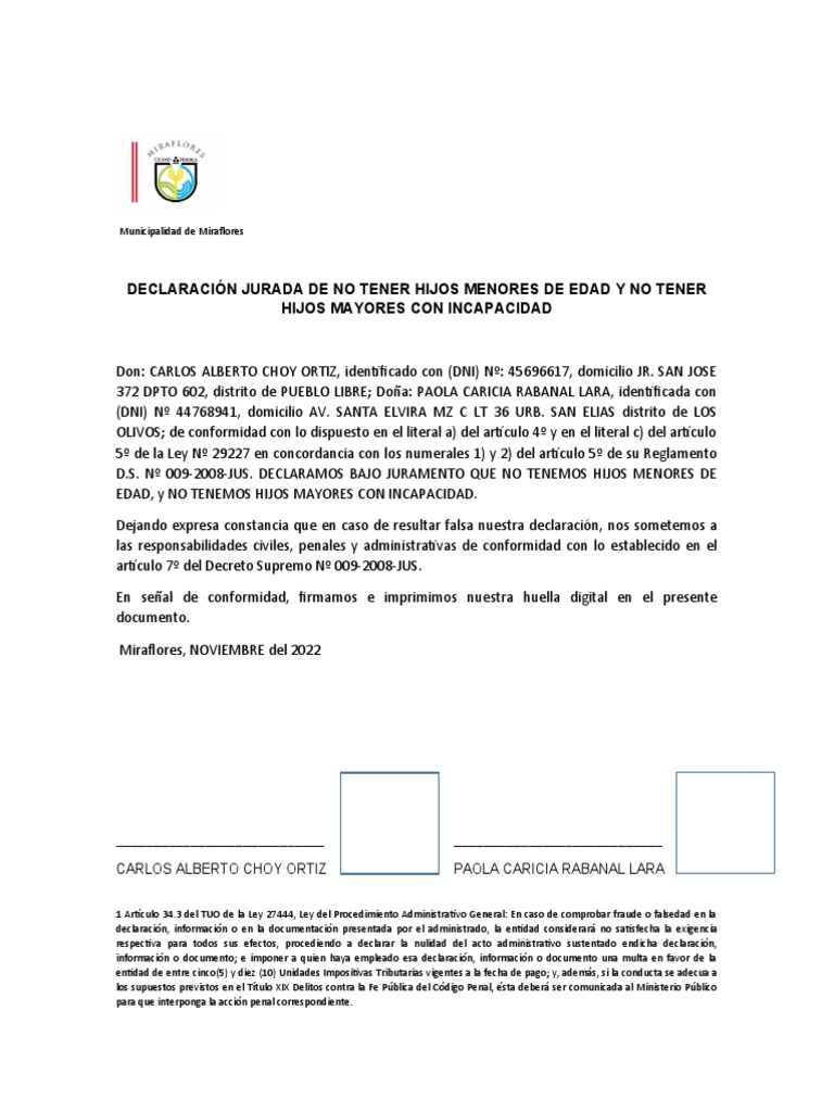 Declaracion Jurada de No Tener Hijos Menores y No Tener Hijos Mayores Con Incapacidad Web | PDF