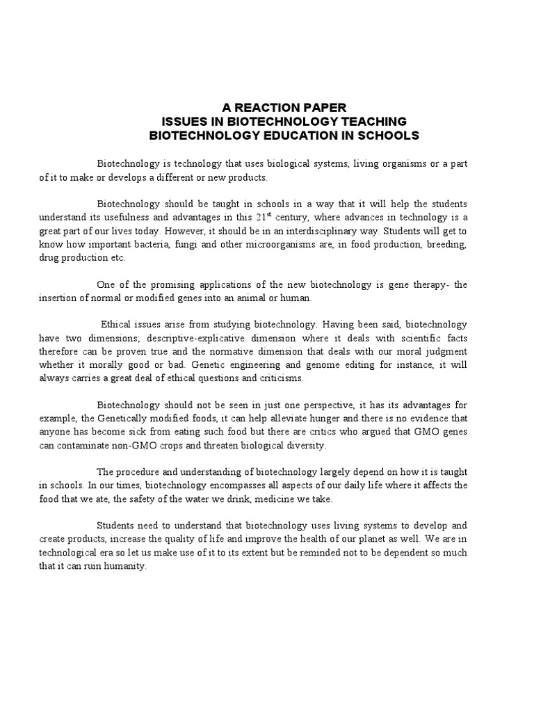 APPLICATION of BIOTECHNOLOGY REACTION PAPER | PDF