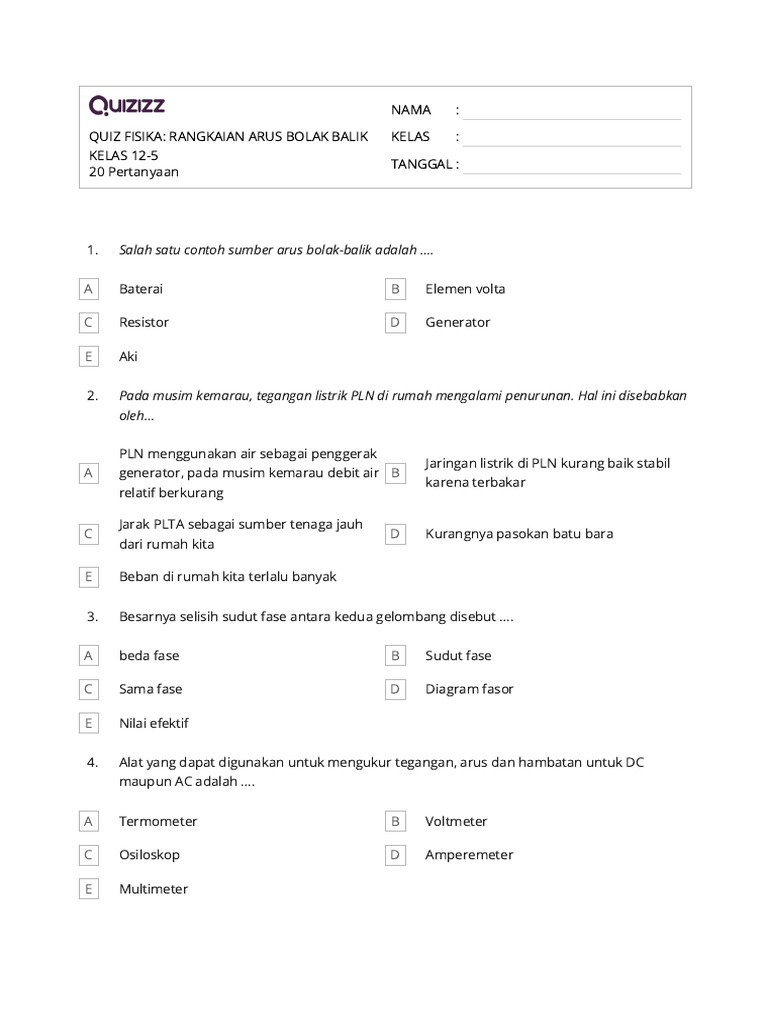 Quiz Fisika - Rangkaian Arus Bolak Balik Kelas 12-5 | PDF | Metode & Bahan Ajar | Teknologi ...