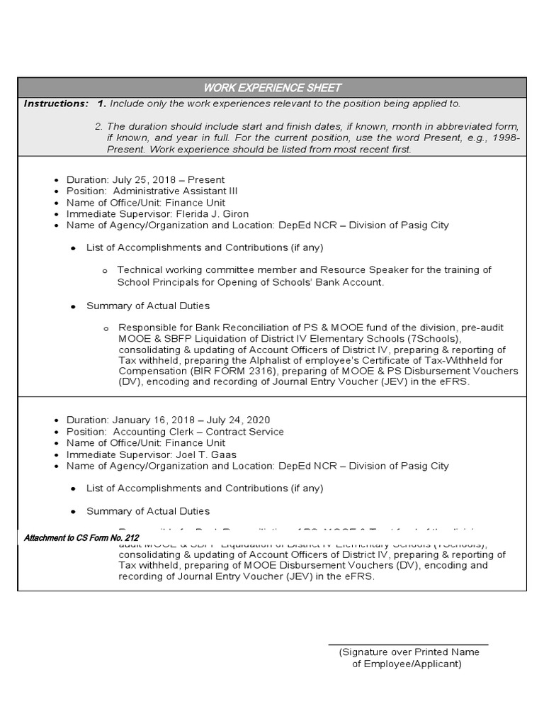 CS Form No. 212 Attachment - Work Experience Sheet | PDF | Taxes ...