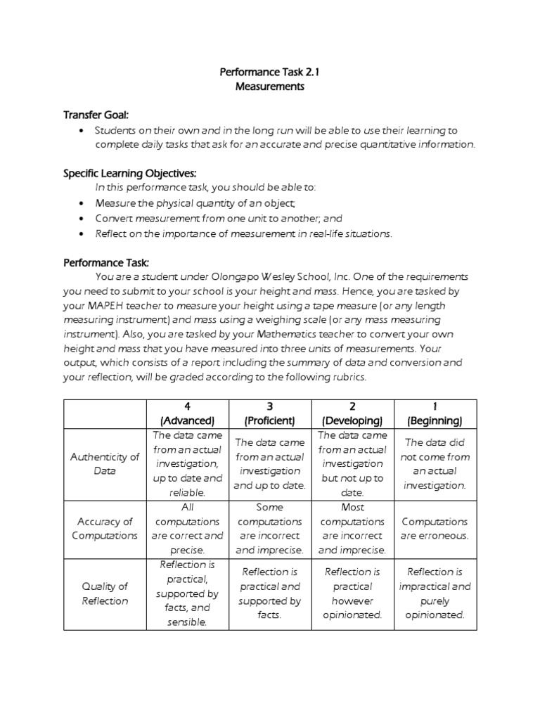 Performance Task 2.1 | PDF | Measurement | Mass Performance Task 2.1 | PDF | Measurement | Mass