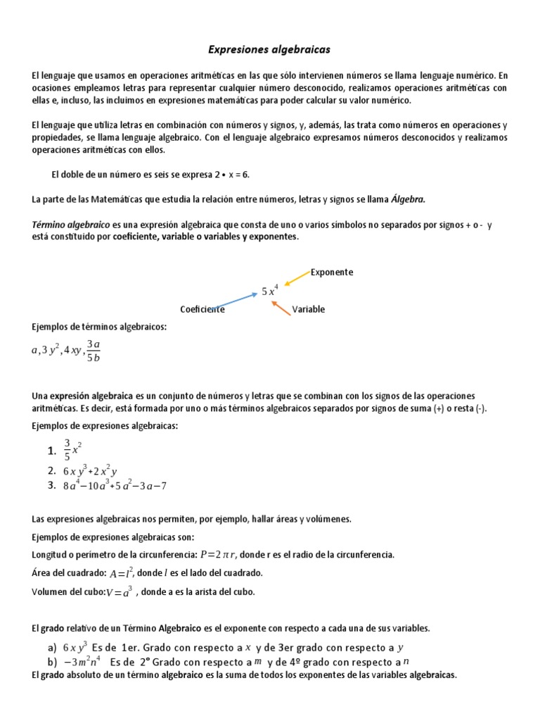 Ejemplos y ejercicios de expresiones algebraicas | PDF | Números ...