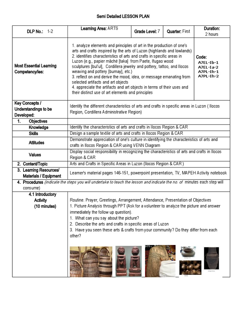 Arts7 Q1 DLP1 2 | PDF | Learning | Lesson Plan