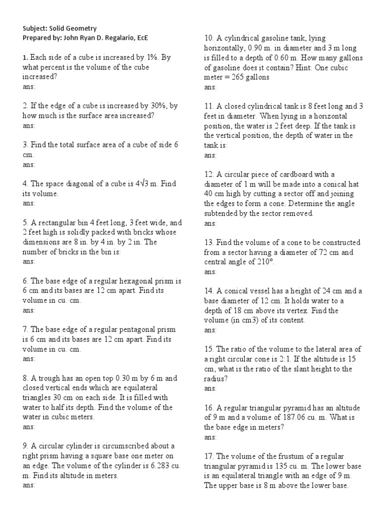 Solid Geometry HCC Lecture | PDF | Sphere | Volume