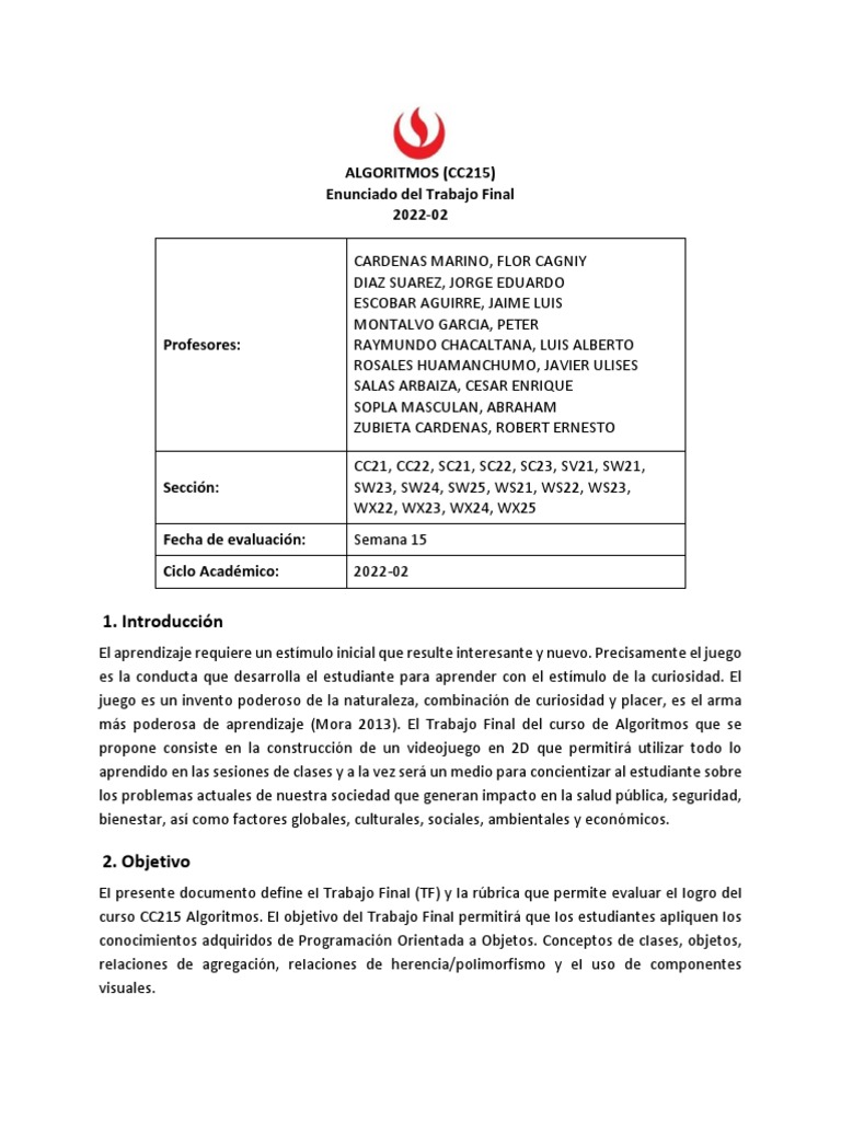 CC215 - Algoritmos - Enunciado Trabajo Final 2022-02 | PDF | Sustentabilidad | Videojuegos