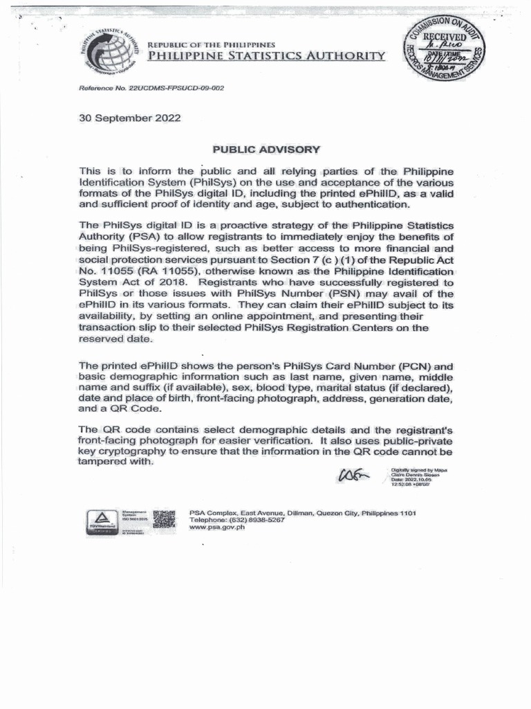Philippine Statistics Authority - Public Advisory | PDF