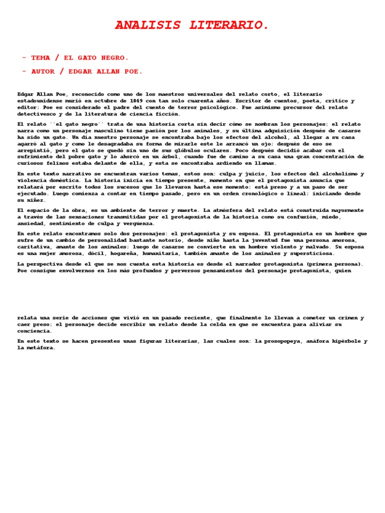 Analisis Literario - Obra: El Gato Negro | PDF | Edgar Allan Poe | Cuentos Analisis Literario - Obra: El Gato Negro | PDF | Edgar Allan Poe | Cuentos