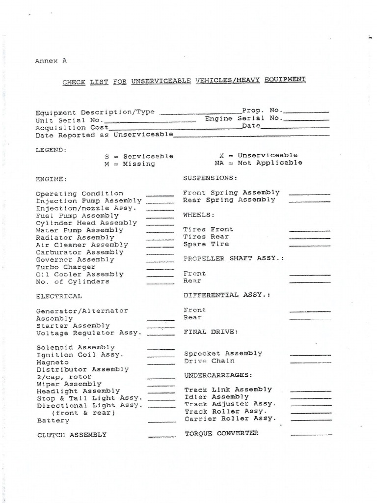 Checklist For Unserviceable Vehicles Heavy Equipment | PDF