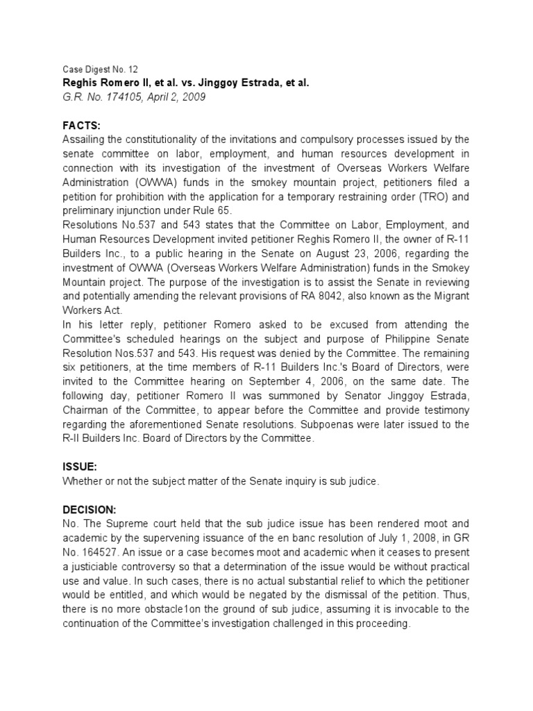 Reghis Romero II Vs Estrada | PDF | Mootness | Injunction