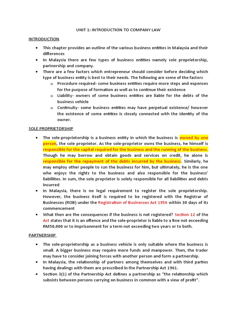 UNIT 1- INTRODUCTION TO COMPANY LAW (1) | PDF | Sole Proprietorship ...