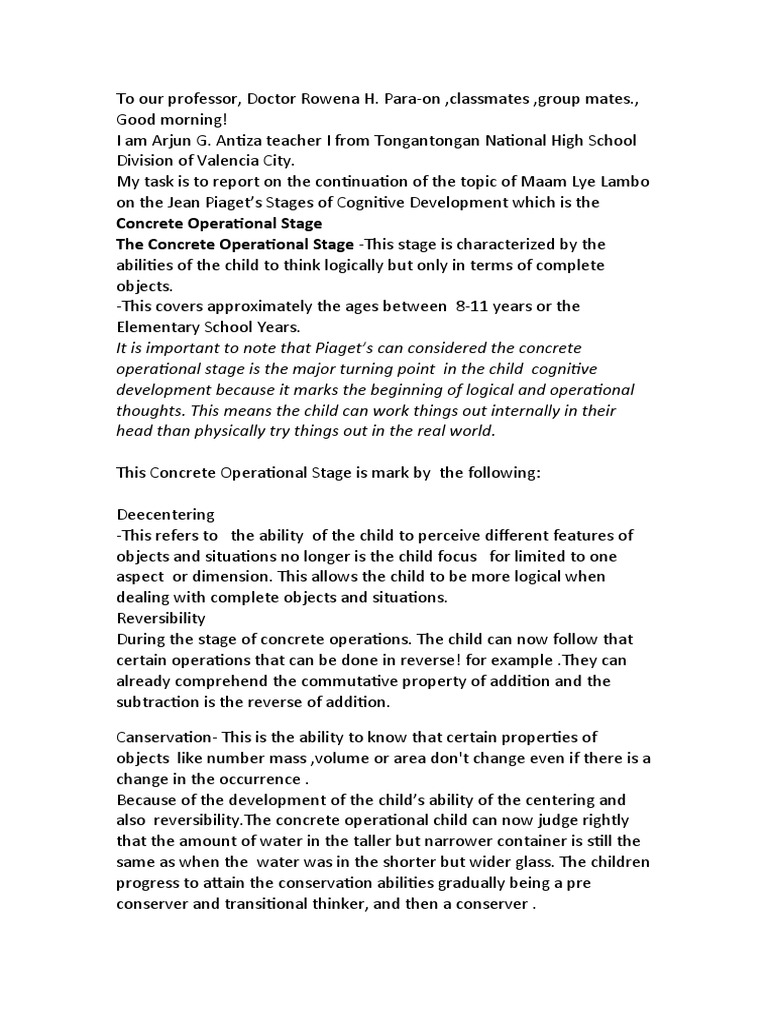 Piaget Stages Concrete | PDF | Reason | Cognition