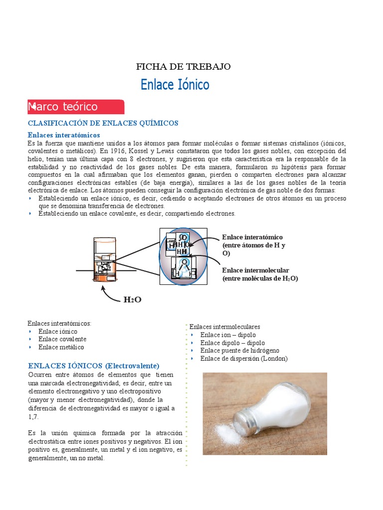 FICHA DE TRABAJO-Enlace-Ionico-y-Covalente | PDF | Enlace químico | Enlace covalente