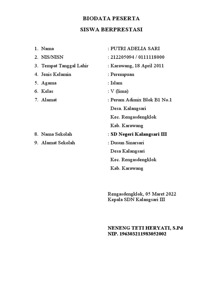 Biodata Peserta Lomba | PDF