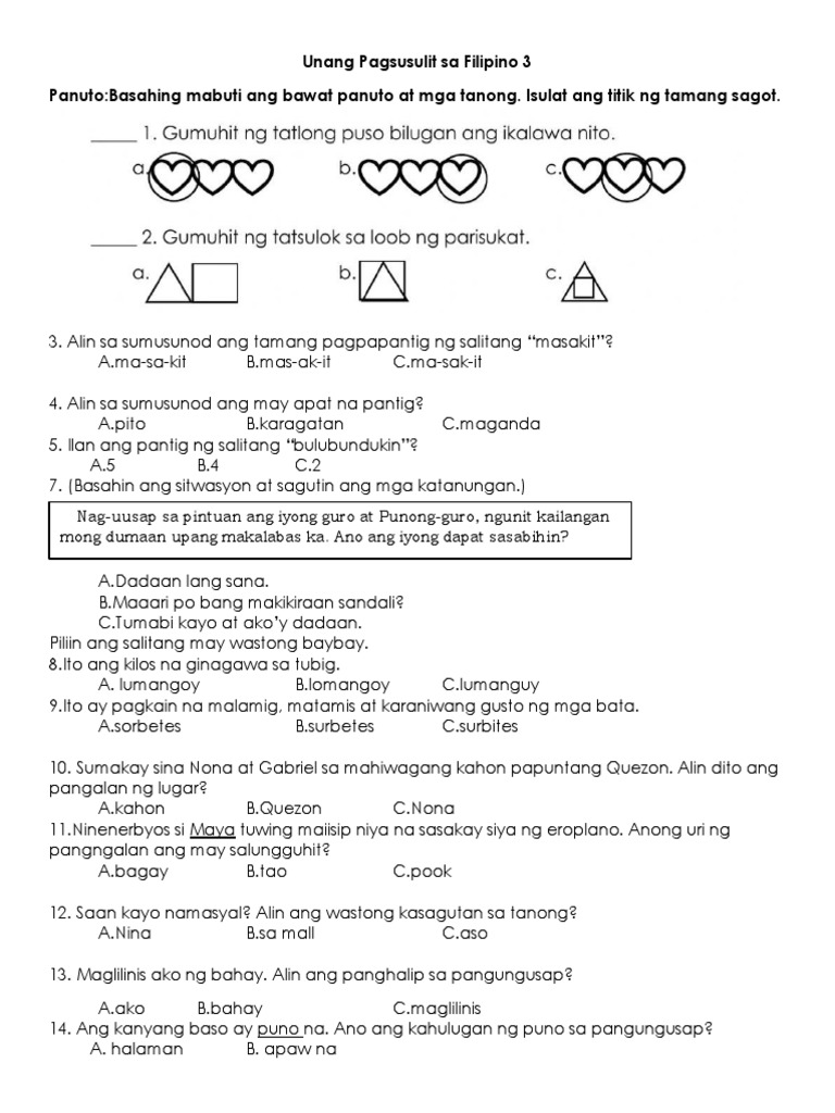 Unang Pagsusulit Sa Filipino 3 | PDF