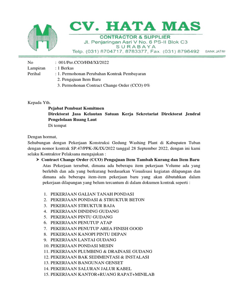Surat Permohonan CCO 0% Konstruksi Gedung Washing Plant | PDF