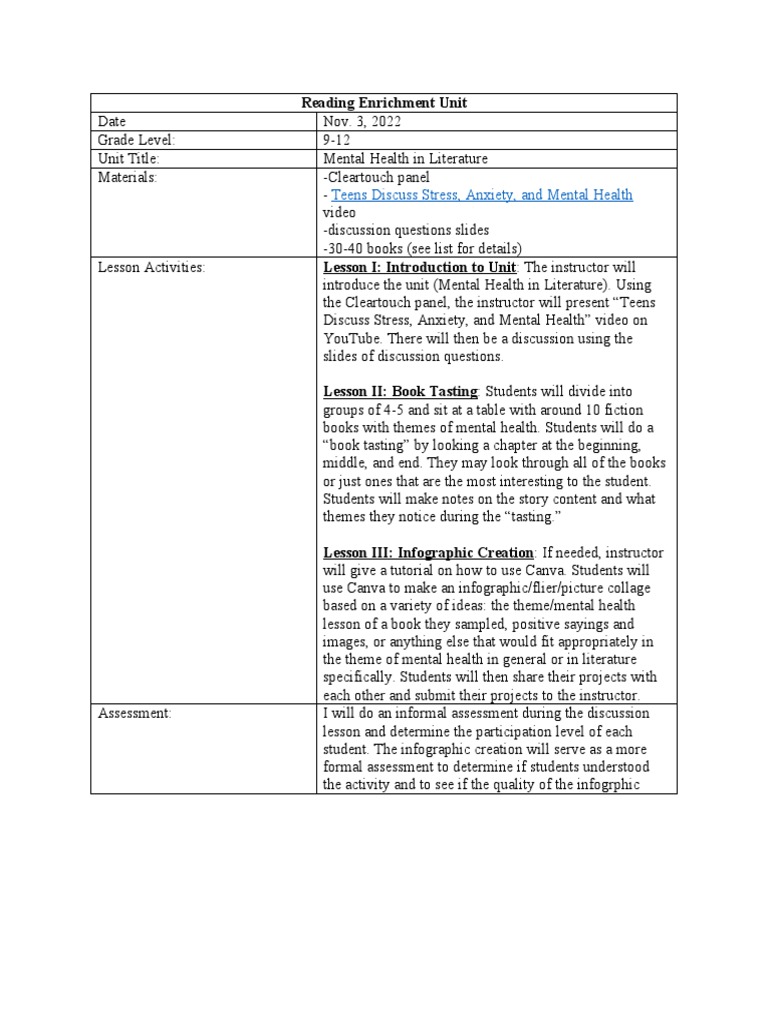 Reading Enrichment Unit Lesson Plan | PDF | Psychology | Cognitive Science