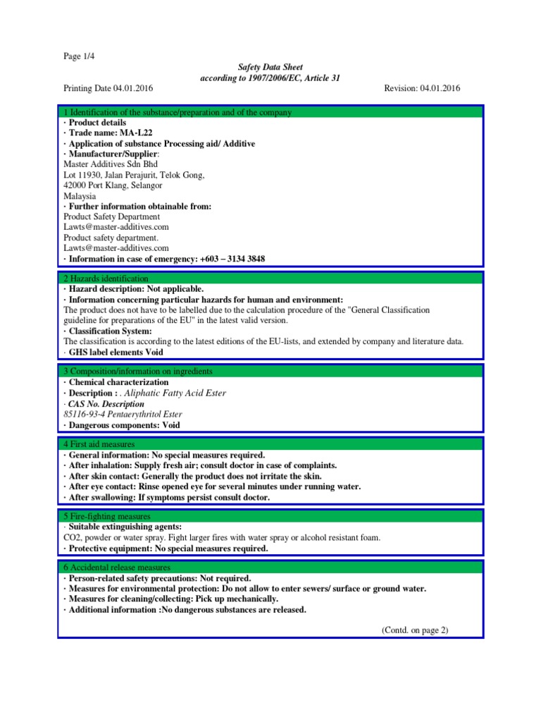 MSDS Eu STD - ML22 (Rev) | PDF | Dangerous Goods | Chemistry