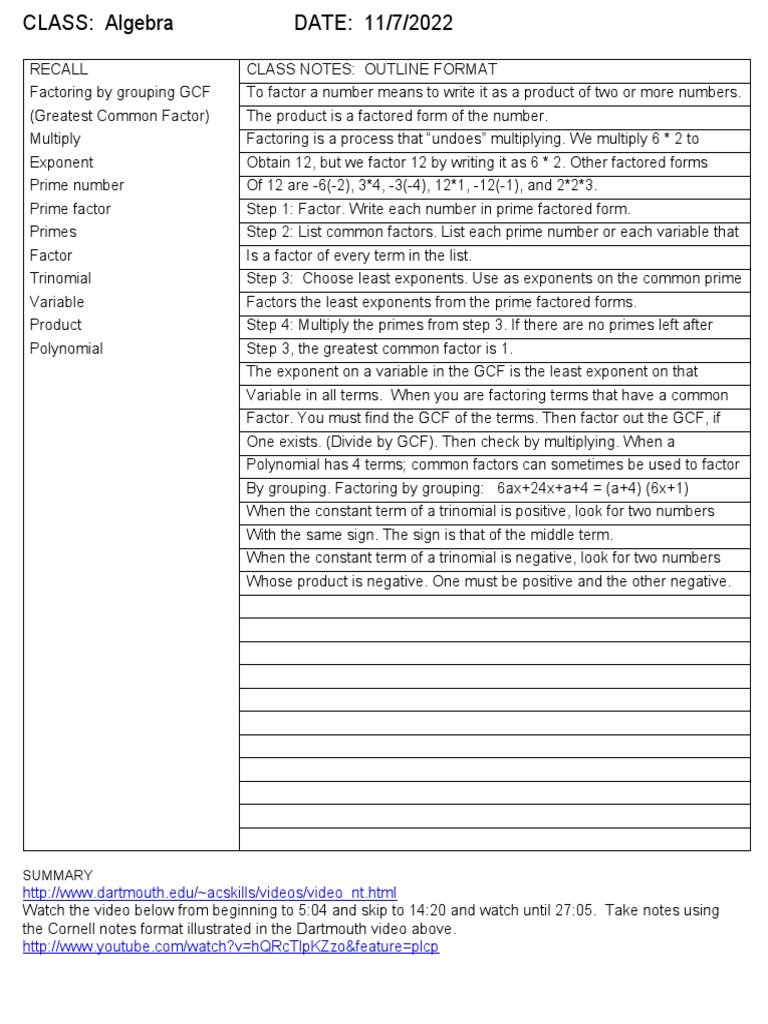Cornell Notes | PDF | Factorization | Prime Number