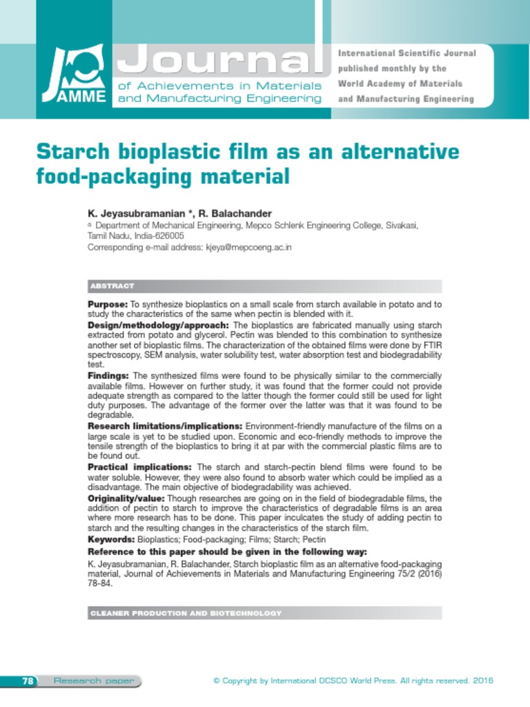 Starch Bioplastic Film As An Alternative Food-Packaging Material ...