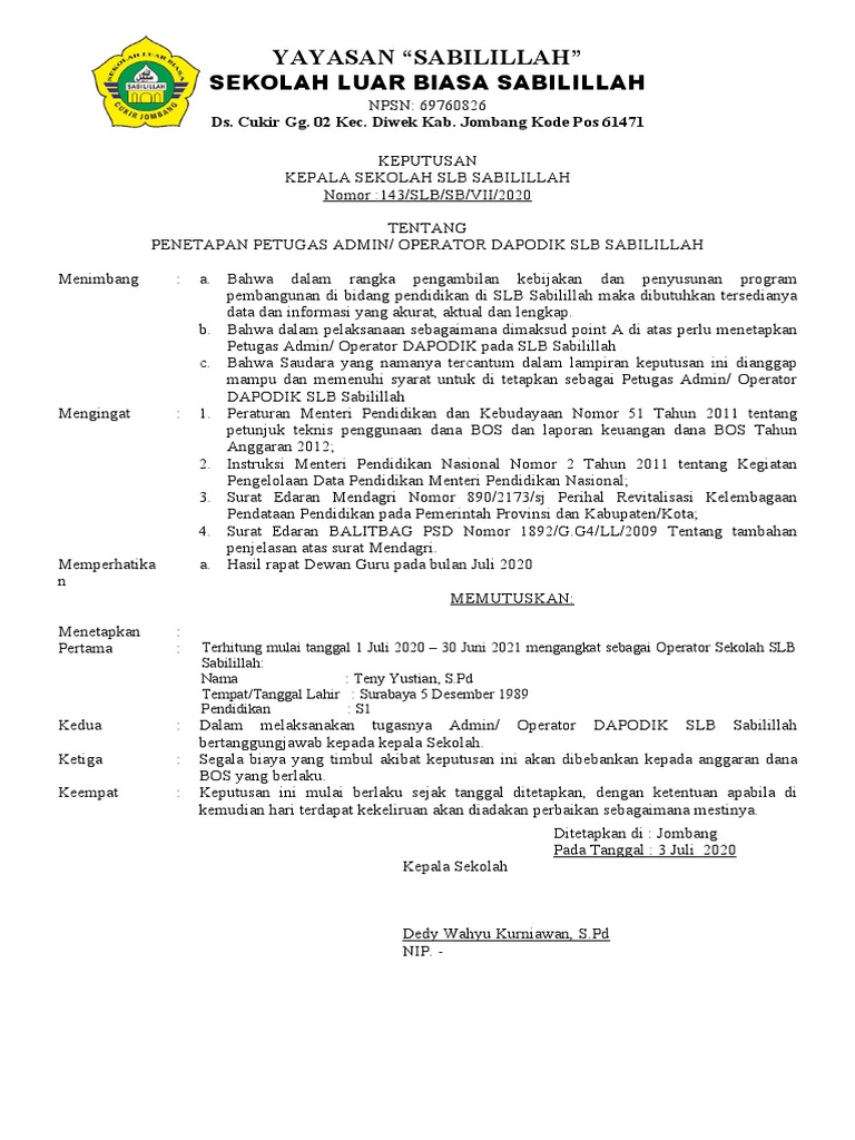 Contoh SK Operator Sekolah | PDF