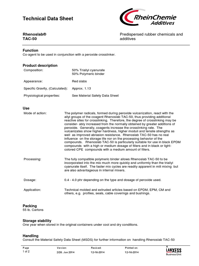 Rhenoslab Tac50 MSDS | PDF | Cross Link | Polymers