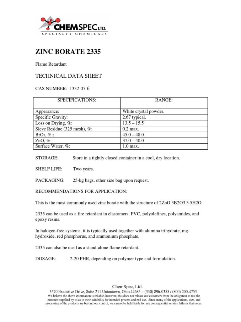 Zinc Borate 2335 TDS - Chemspec | PDF | Science & Mathematics | Computers