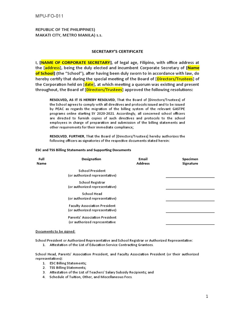 Secretarys Certificate On Assigning Signatories in The ESC and TSS ...