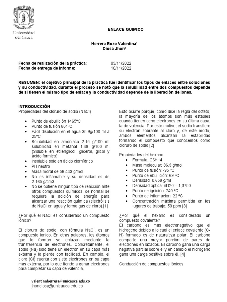 Informe Enlace Quimico | PDF | Compuestos químicos | Polaridad química Informe Enlace Quimico | PDF | Compuestos químicos | Polaridad química