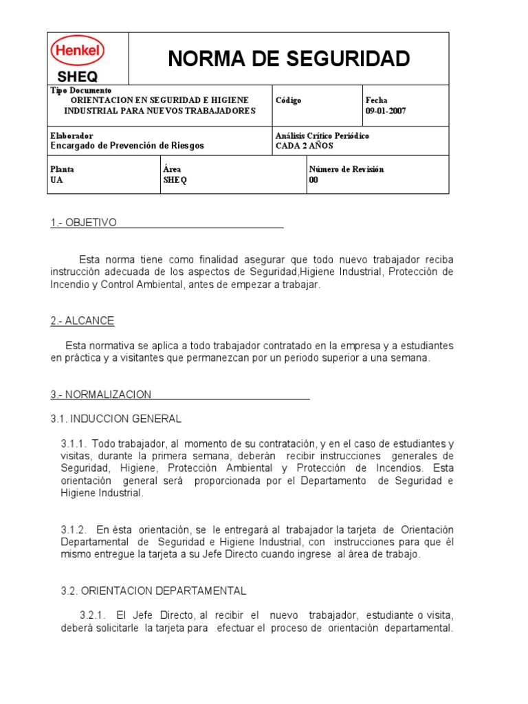 Procedimiento Seguridad e Higiene Trabajador Nuevo | PDF | Seguridad y salud ocupacional