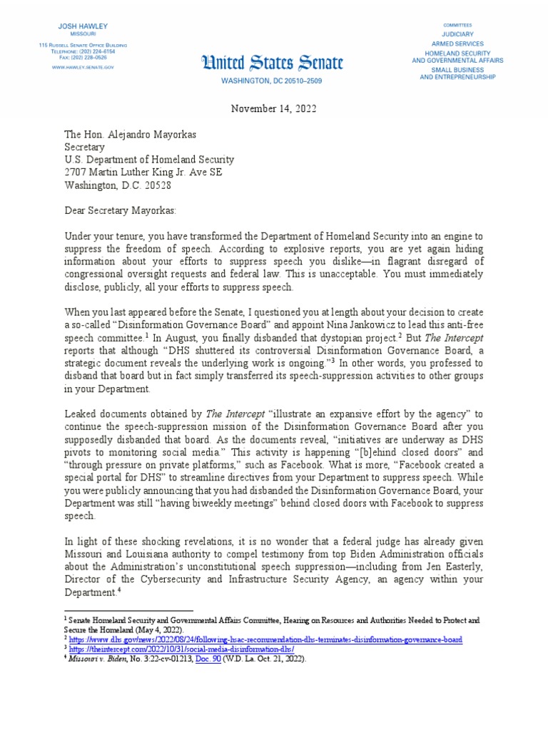 11.14 Hawley Letter To Mayorkas | PDF | United States Department Of ...