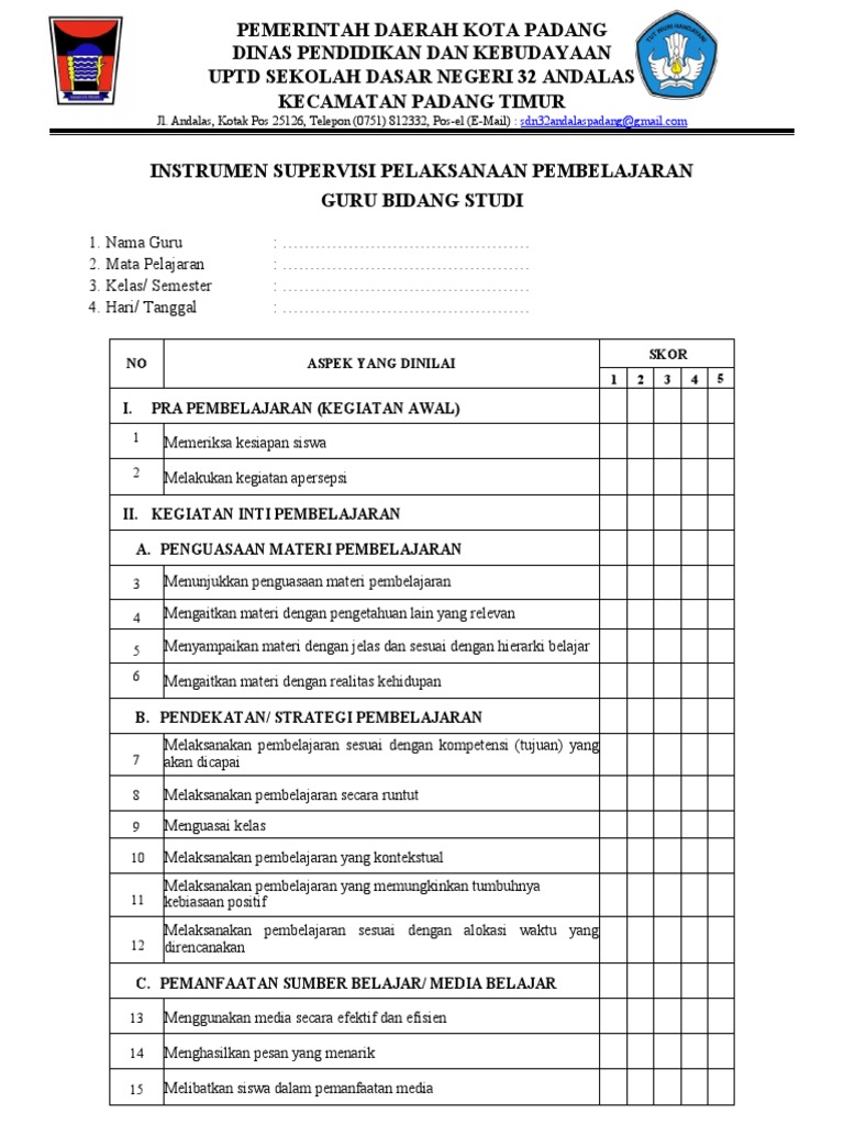 Instrumen Supervisi Utk Guru Bidang Studi | PDF