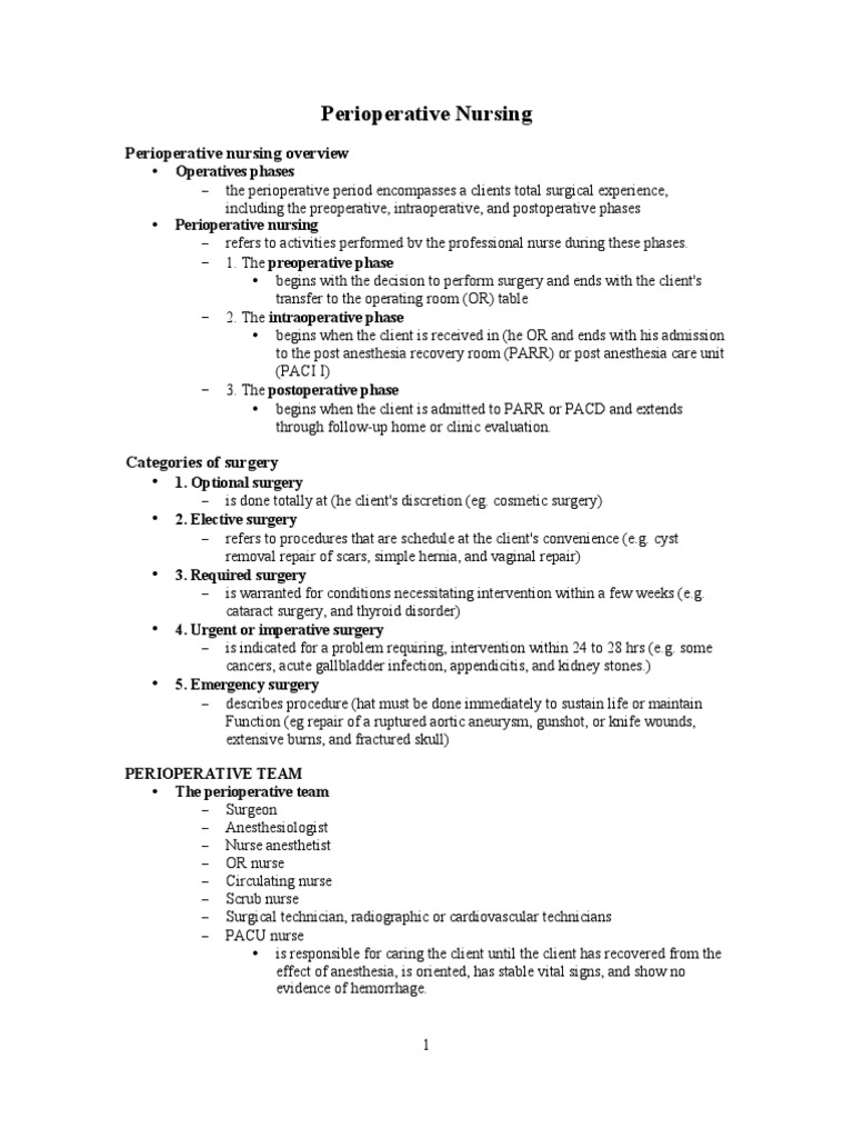 Perioperative Nursing Overview Handout | Surgery | Anesthesia