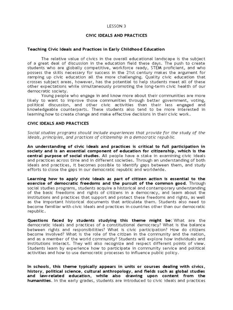 Lesson 3 - Civic Ideals and Practices | PDF | Civics | Citizenship