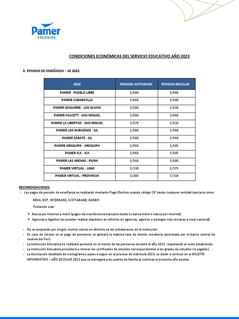 Colegios Pamer - Pensiones 2023 | PDF | Bancos | Economias