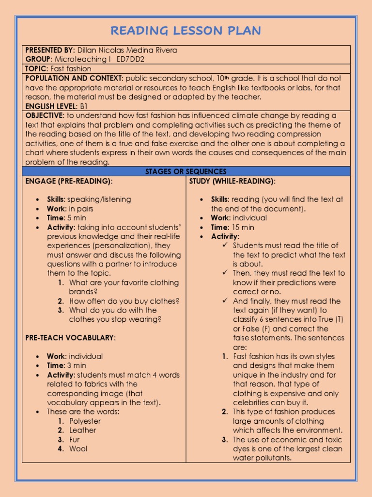 Reading Lesson Plan | PDF | Fashion | Clothing