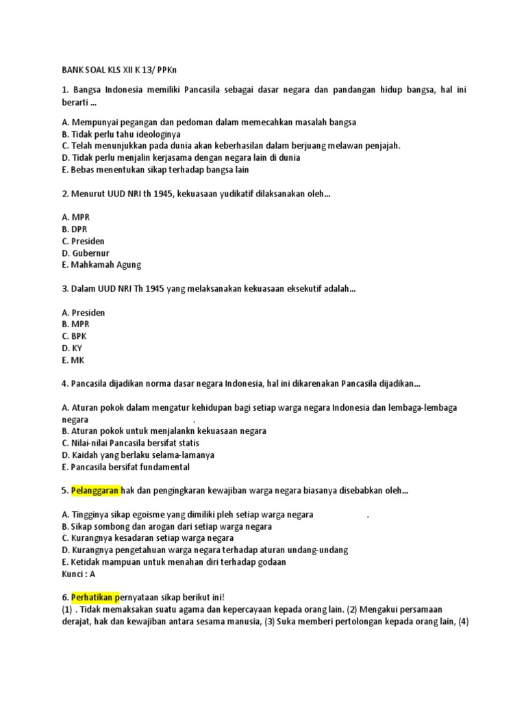 BANK SOAL KLS XII K 13 Baru PPKN PDF | PDF | Ilmu Sosial