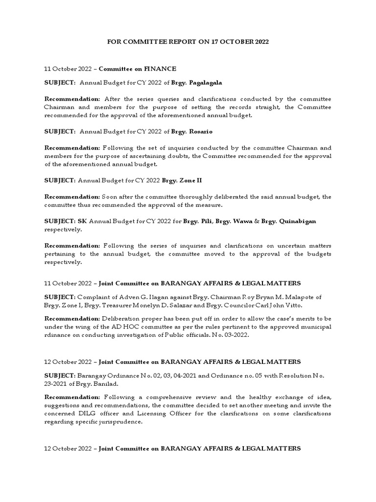 Summary of Committee Reports from the Committee on Finance and the ...