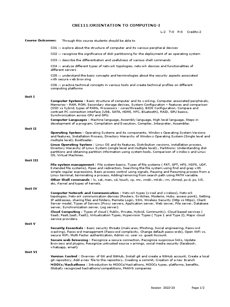 Syllabus CSE111 | PDF | Operating System | Cloud Computing