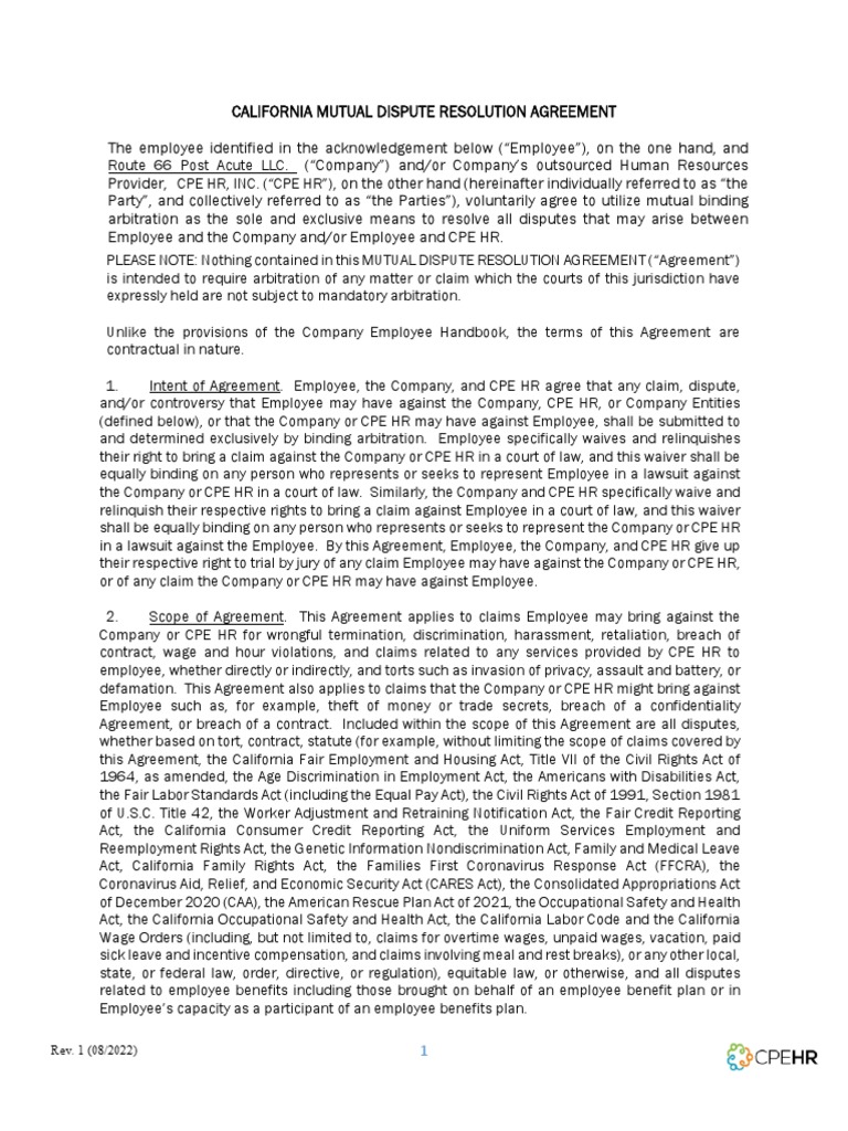 California Mutual Dispute Resolution Agreement | PDF | Arbitration ...