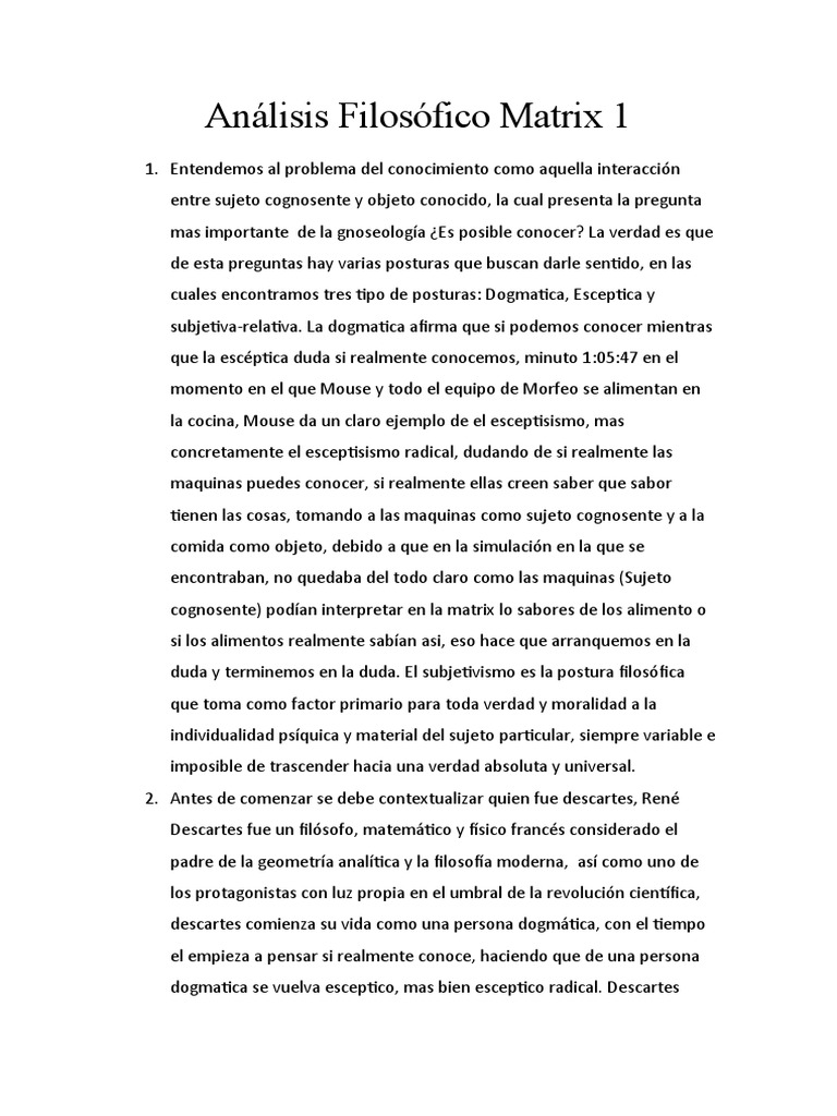 Análisis Filosófico Matrix 1 | PDF | René Descartes | Teoría de sustancias