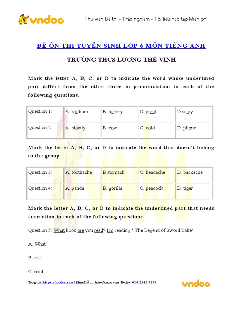 De Thi Vao Lop 6 Mon Tieng Anh Truong Luong The Vinh Nam 2020 Pdf