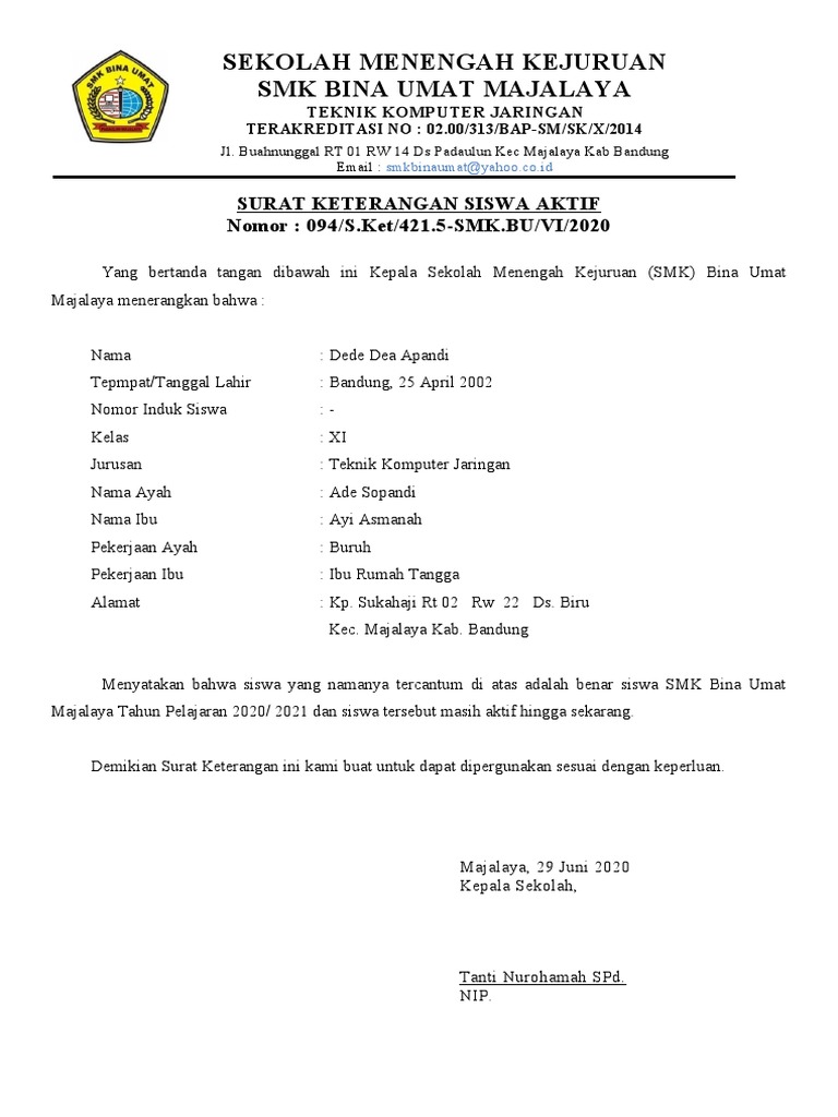 Surat Keterangan Siswa Aktif | PDF