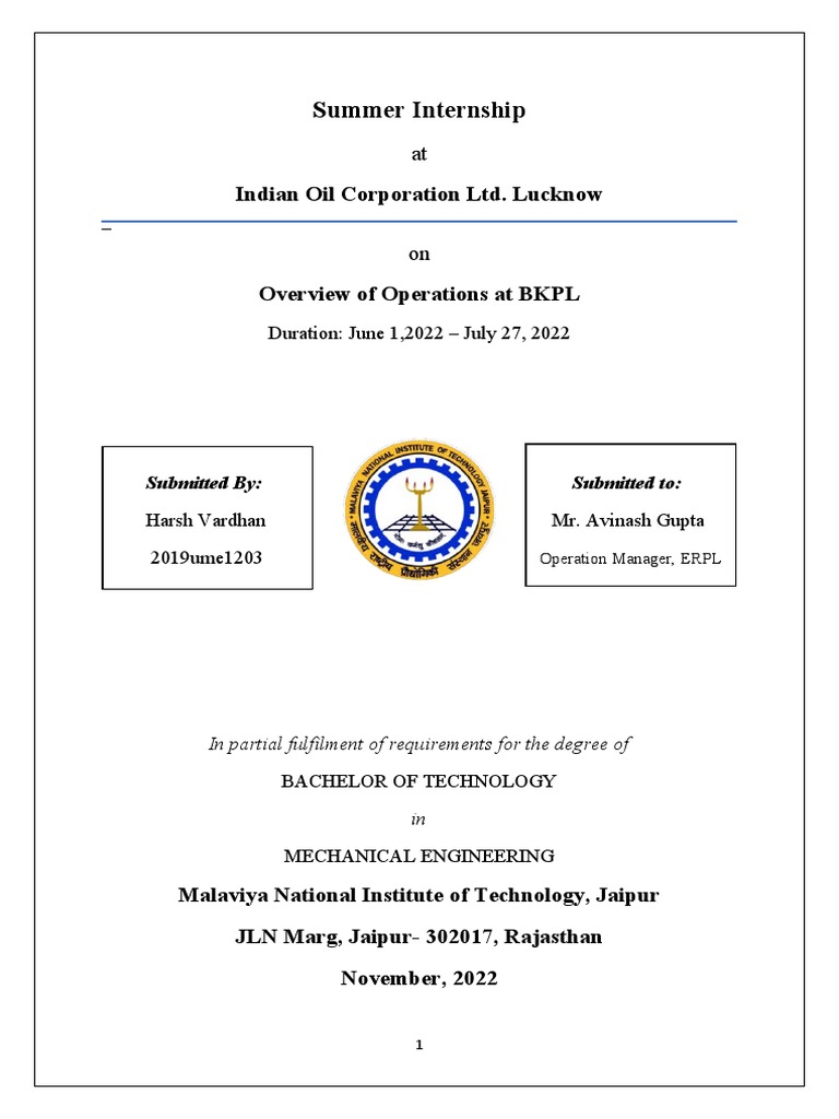 Summer Internship Report IOCL | PDF | Pump | Valve