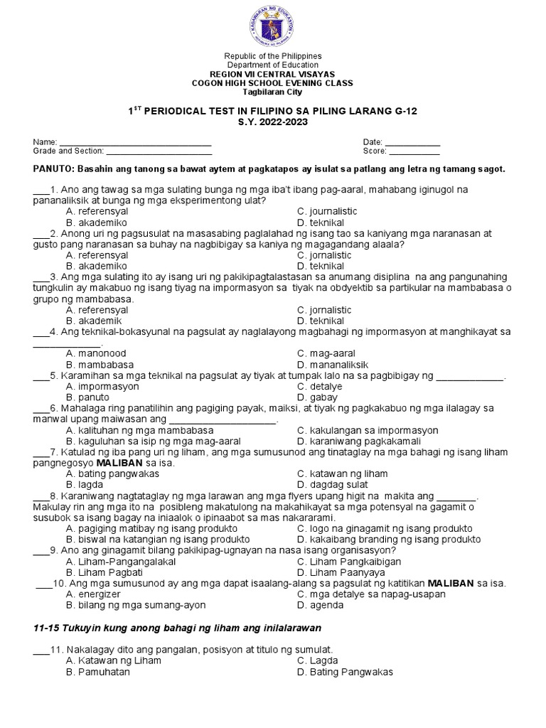 1ST PERIODICAL TEST IN Filipino Sa Larang | PDF