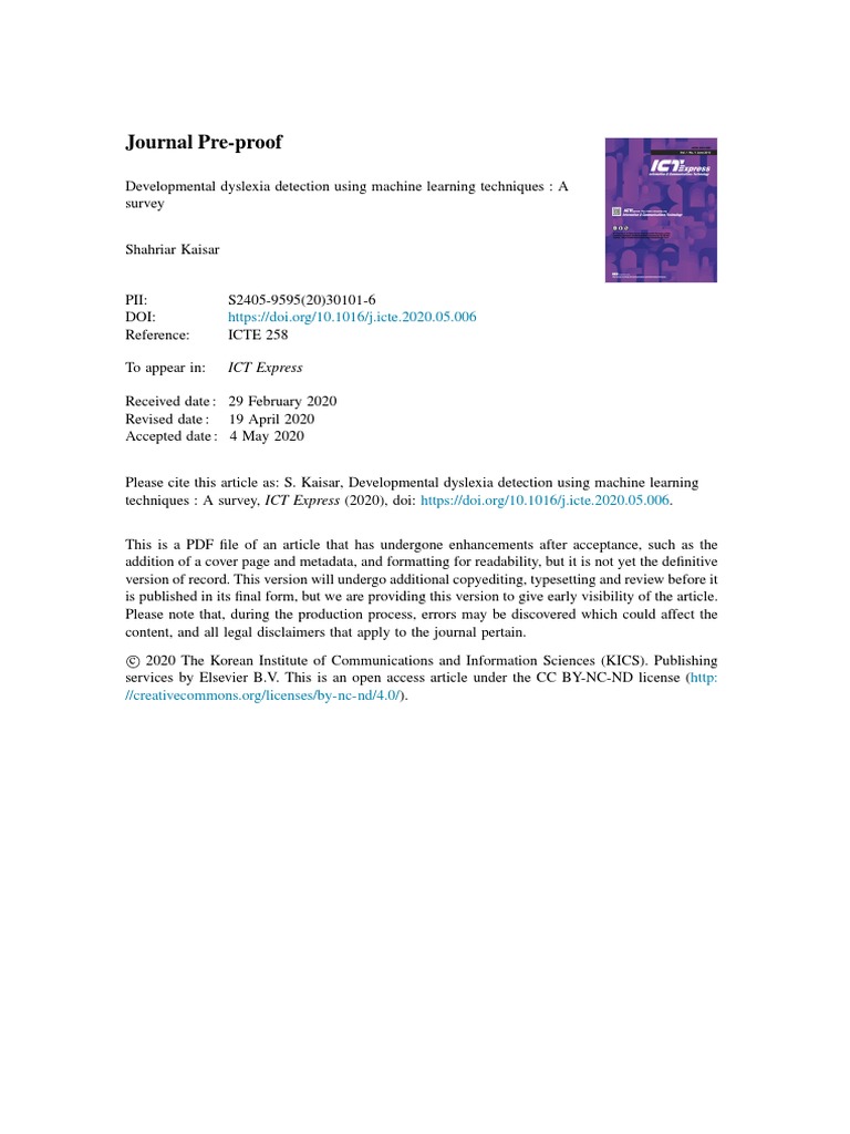 Developmental Dyslexia Detection Using Machine Lea | PDF | Dyslexia | Machine Learning