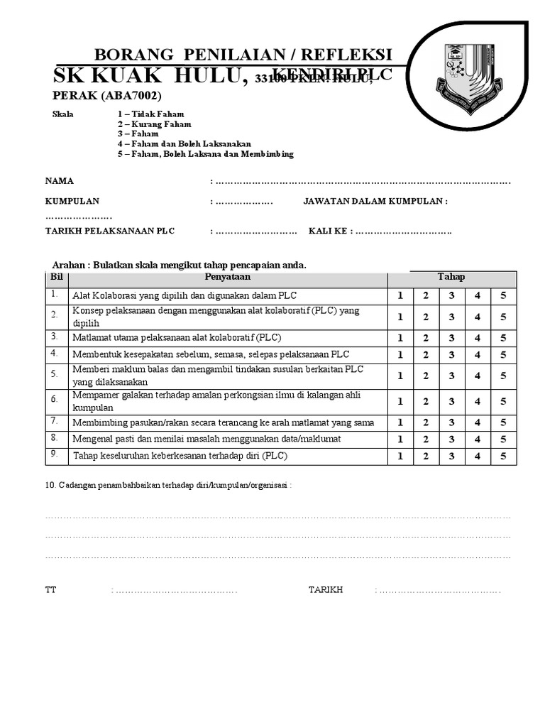 BORANG Penilaian-Refleksi PLC | PDF