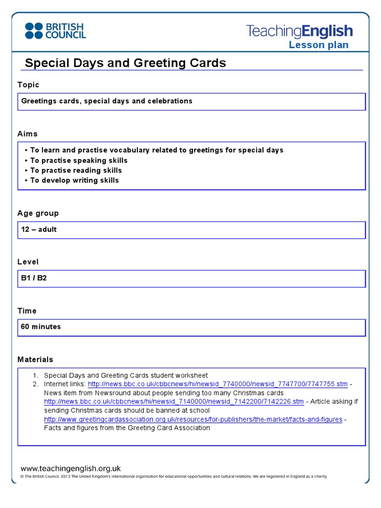 Special Days and Greeting Cards Lesson Plan | PDF | Lesson Plan | Text ...